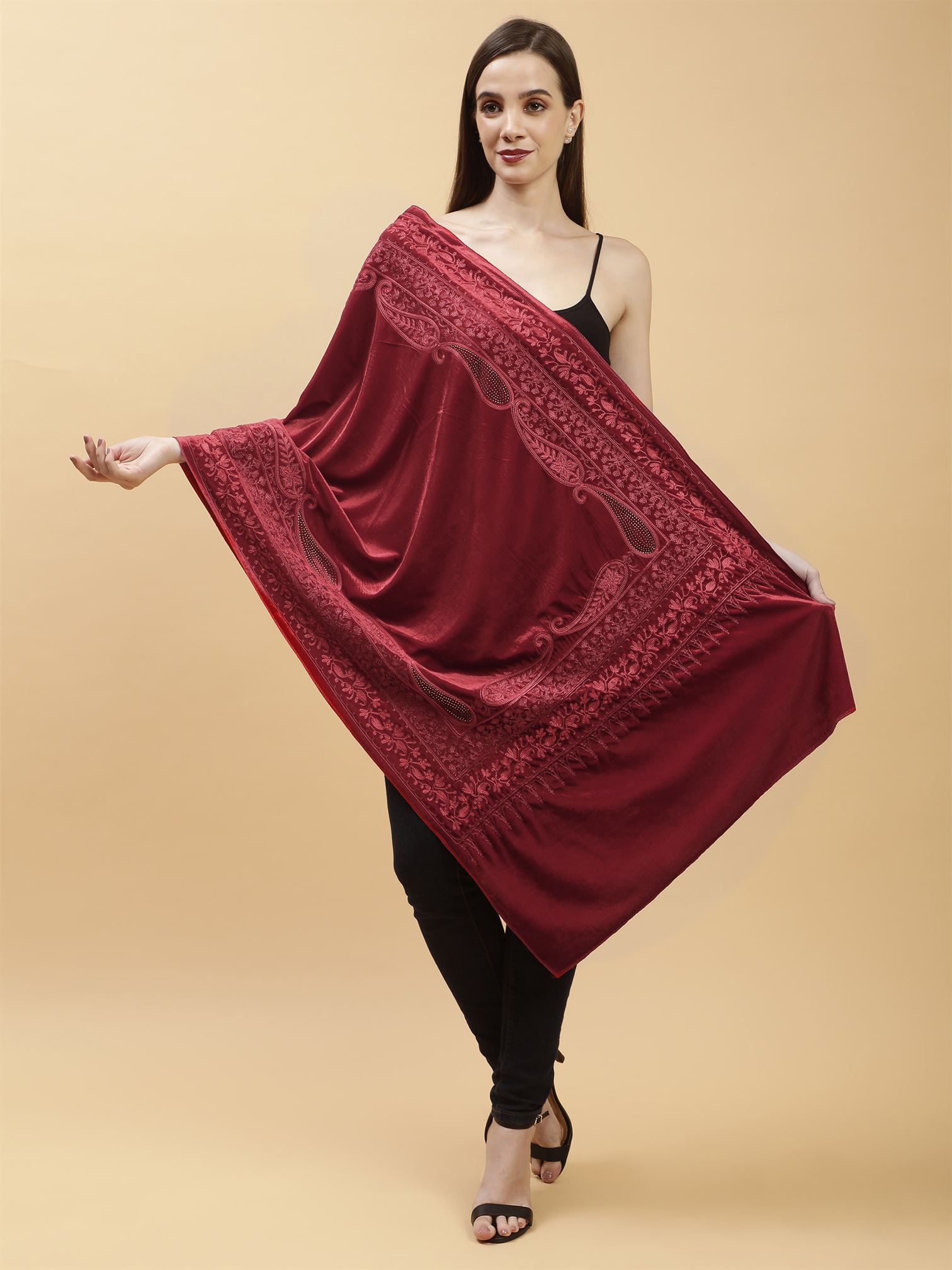 Buy Red Embroidered Velvet Stole | Moda Chales